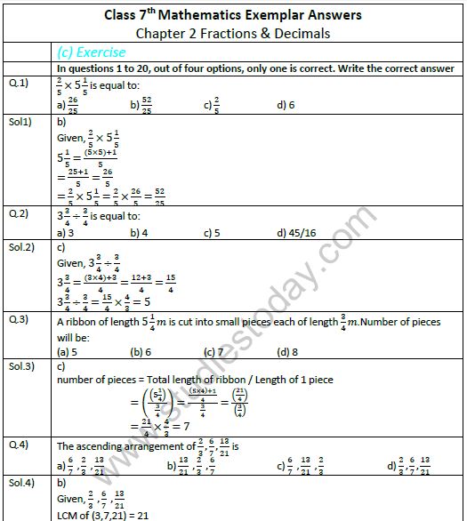 NCERT Exemplar Solutions Class 7 Maths Fractions And Decimals